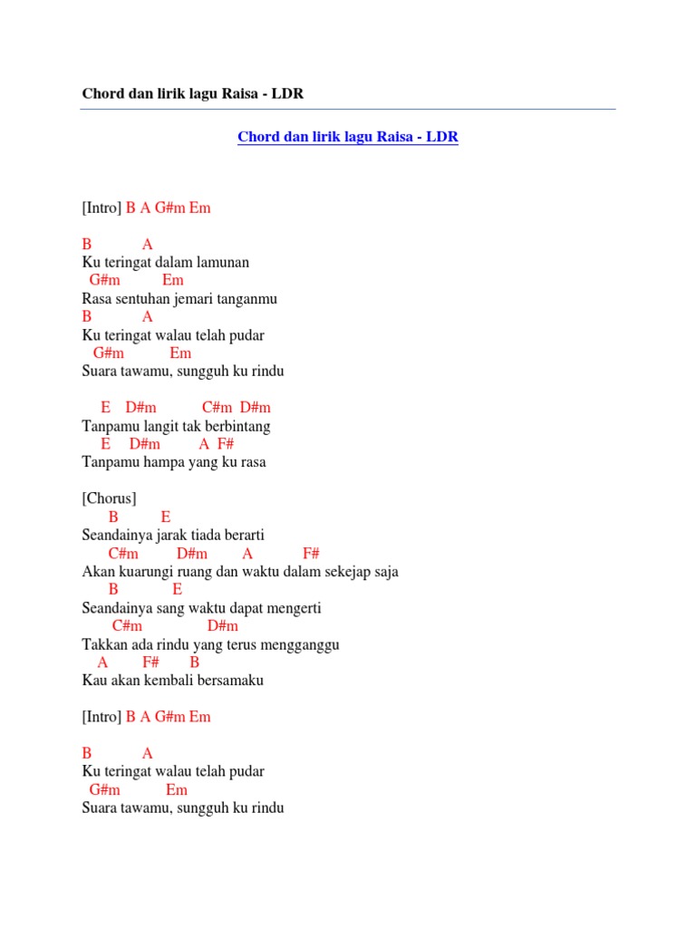 Chord Dan Lirik Lagu Raisa - LDR | PDF