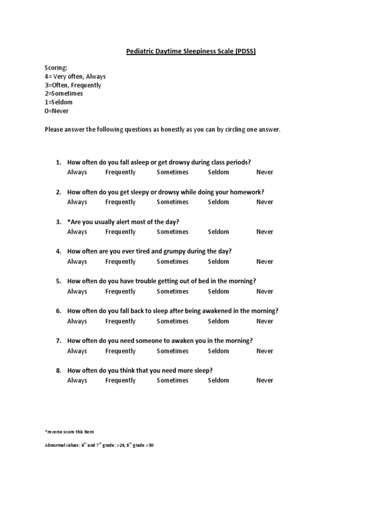 Pediatric Daytime Sleepiness Scale (PDSS) : Reverse Score This Item ...
