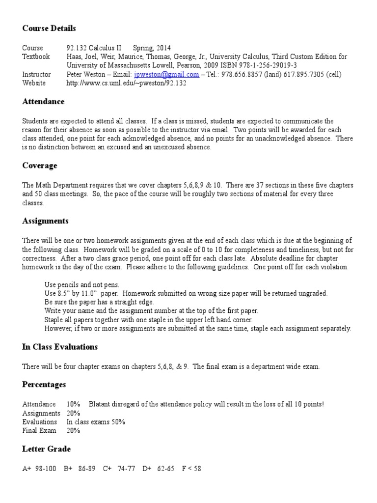 Calc 2 Summer - Syllabus | PDF
