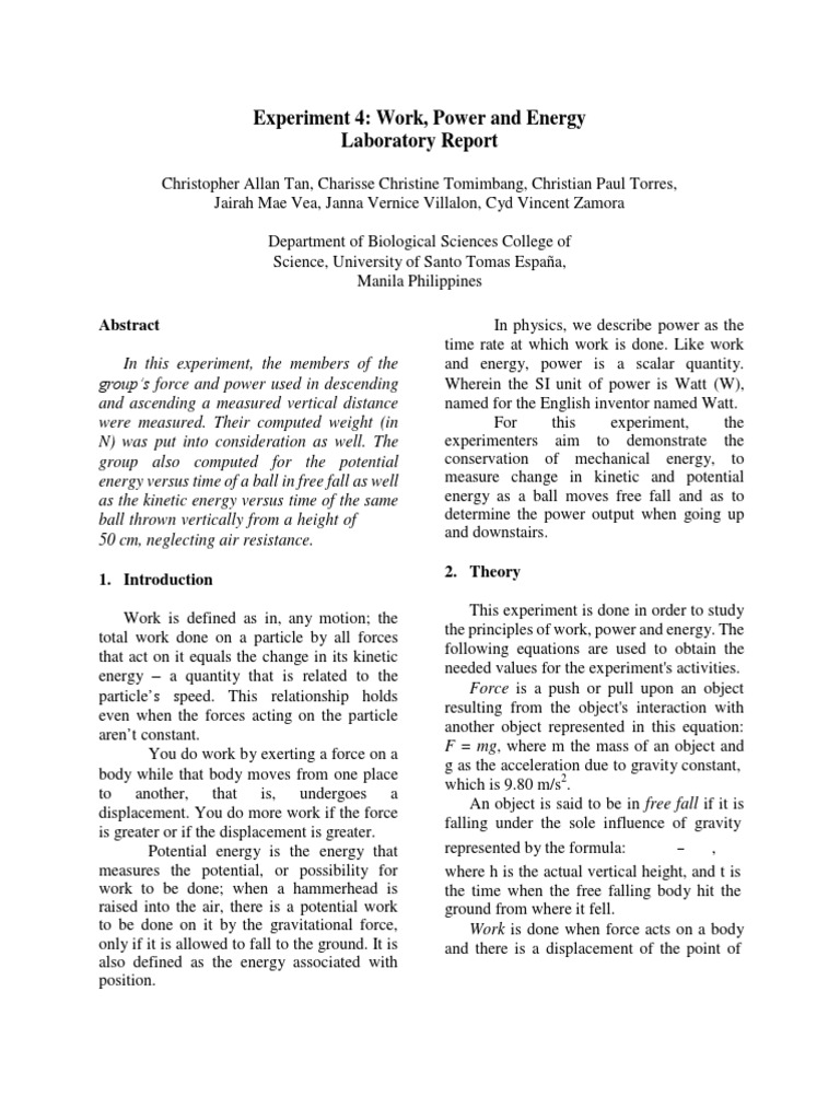 Experiment 4: Work, Power and Energy Laboratory Report | PDF | Force | Mass