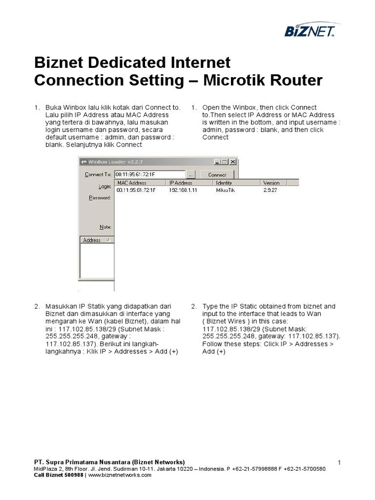 Biznet Dedicated Internet - Connection Setting - Microtik Router | PDF ...