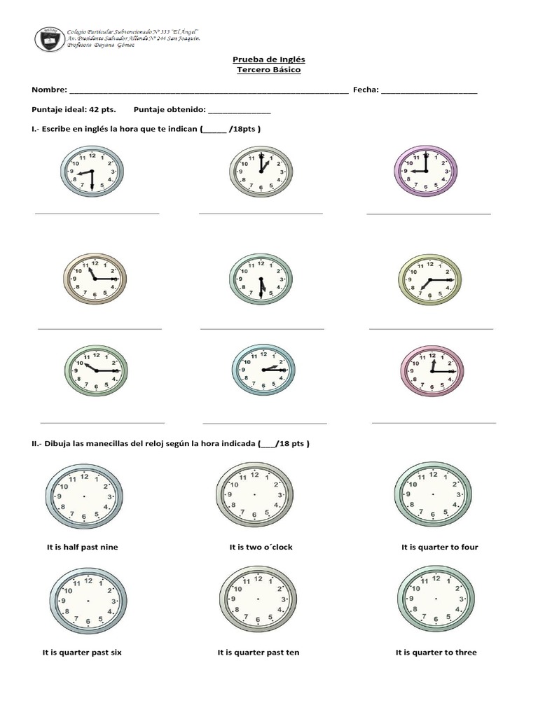 Prueba de Inglés - Hora | PDF