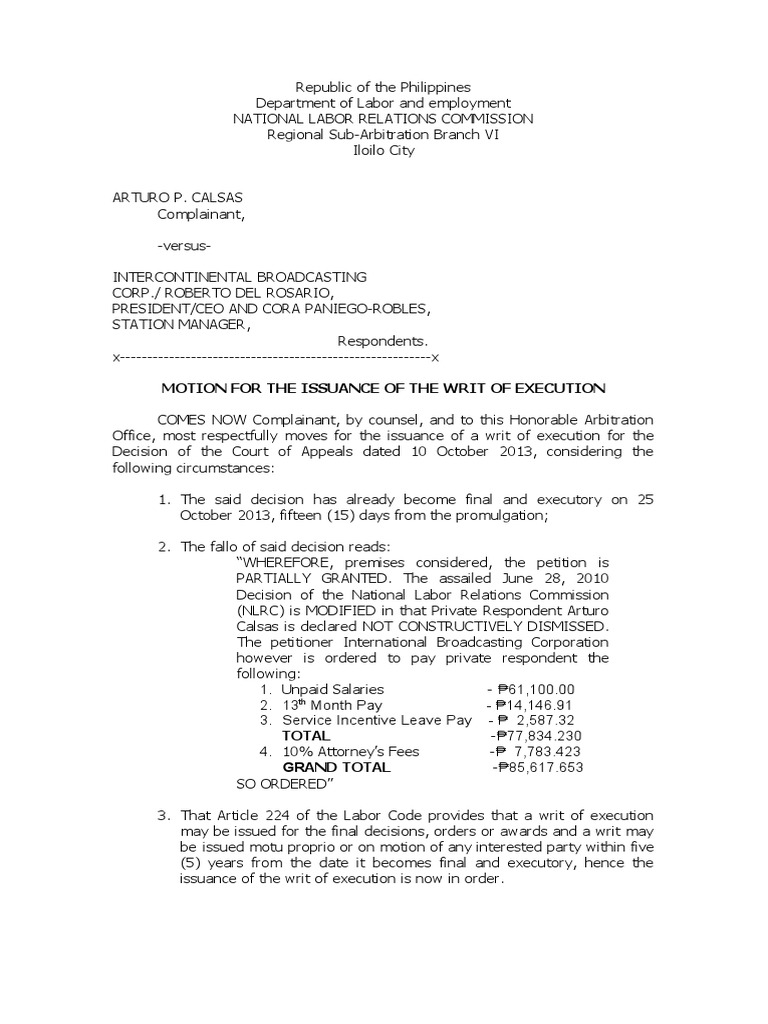 Motion for Execution | Courts | Social Institutions