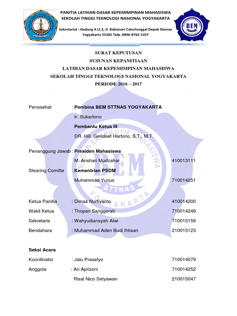 Susunan Panitia LDK Mahasiswa STTNAS | PDF