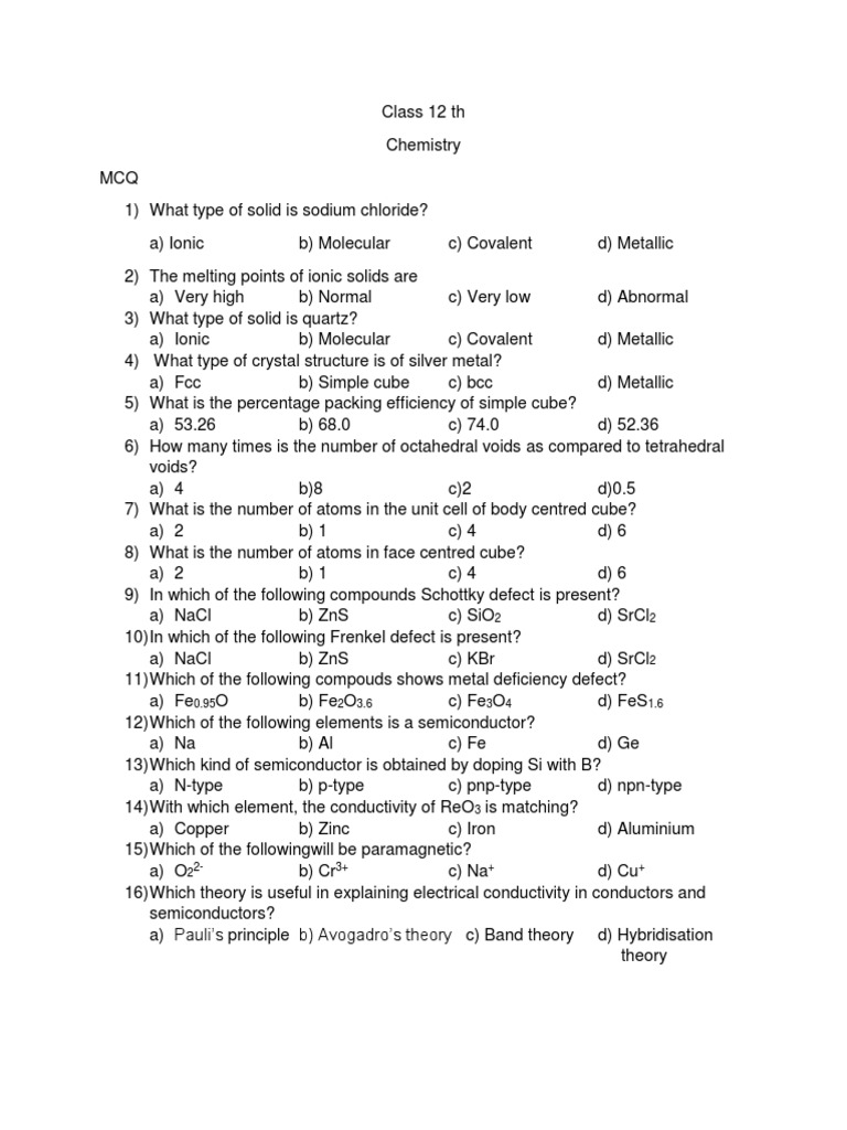 12class - Docx 100 MCQ | PDF | Redox | Solution