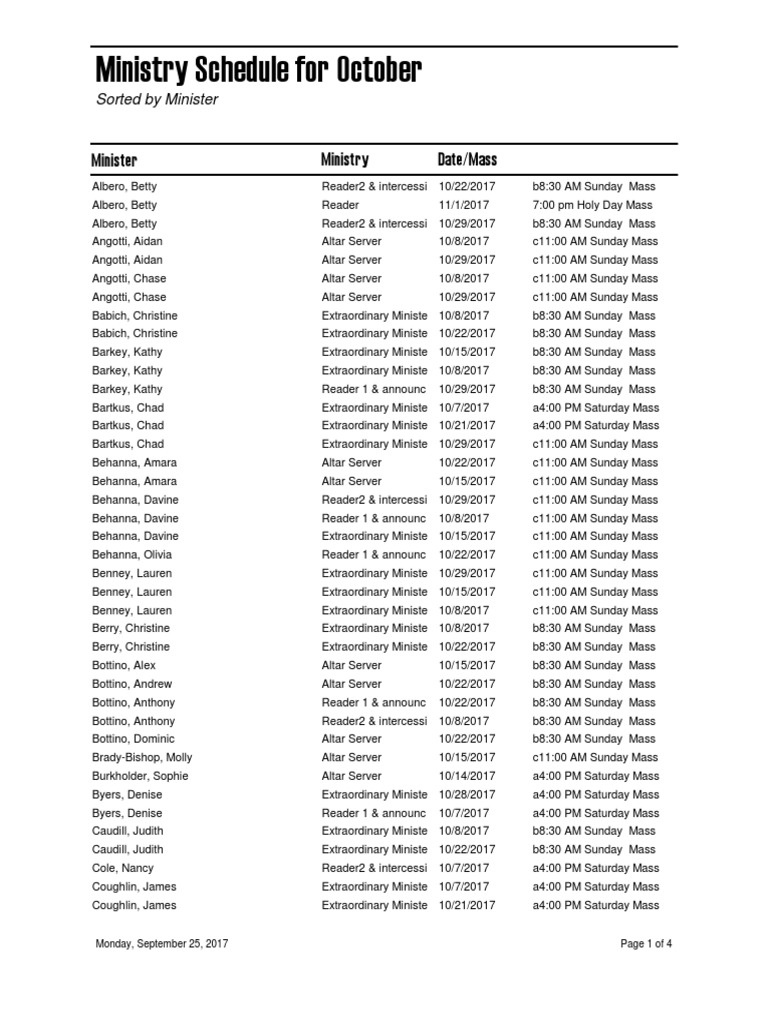 Ministry Schedule - October 2017 | PDF | Christian Denominational ...