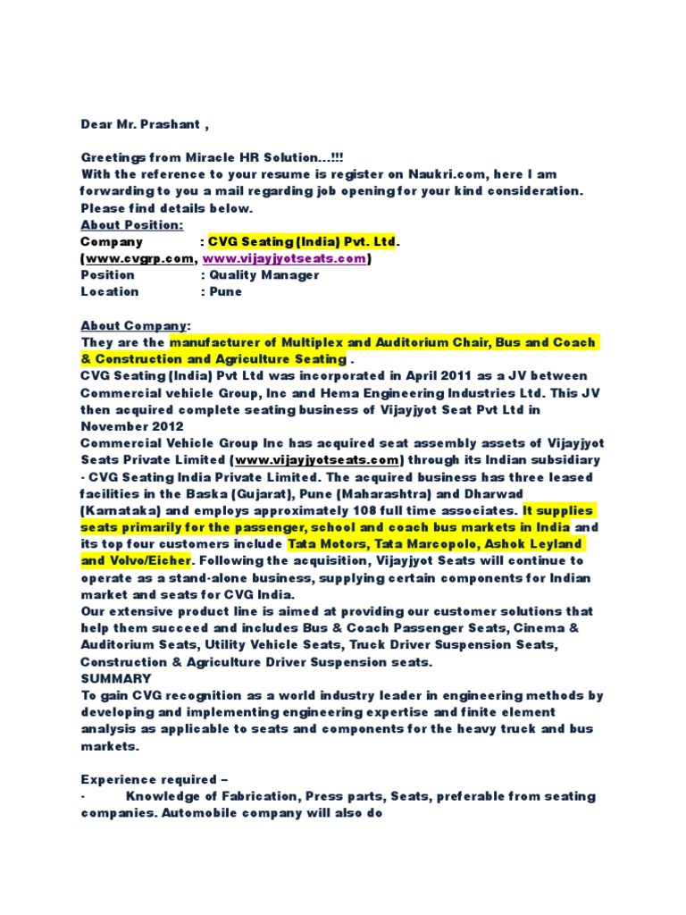 Company: CVG Seating (India) Pvt. LTD.) | PDF | Vehicles ...