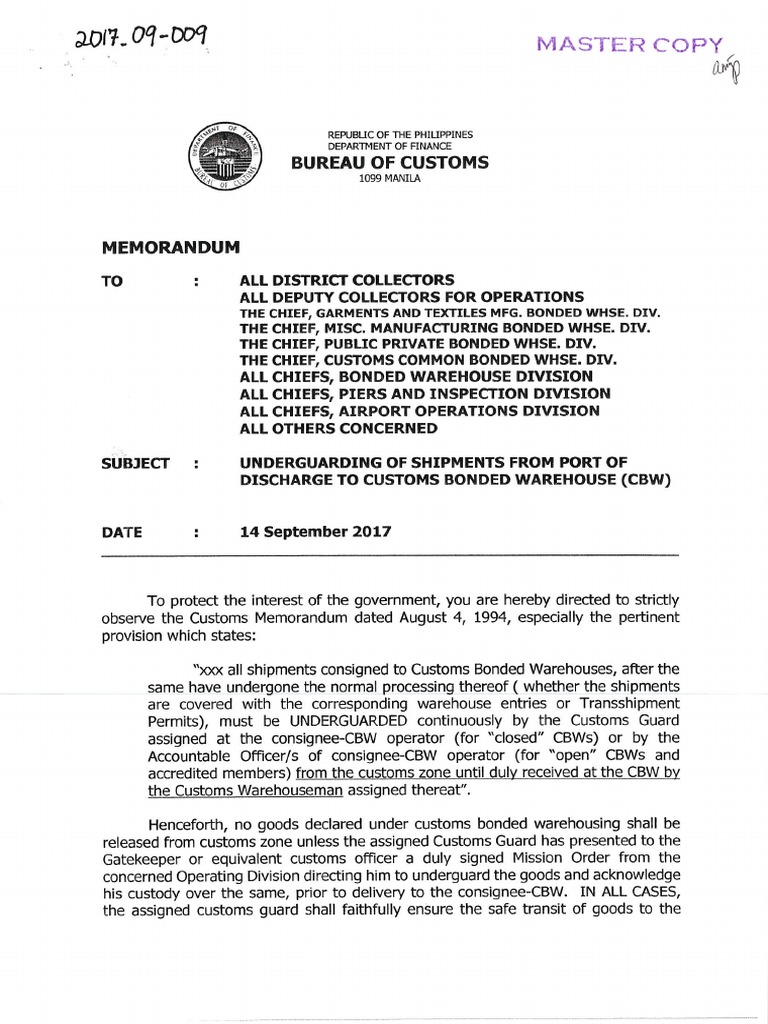 BOC Memo on Underguarding of Shipments From Port of Discharge to CBW ...