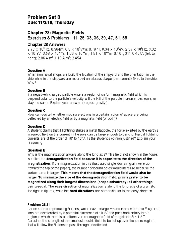 Physics Problem Set on Magnetism | PDF | Magnetic Field | Electronvolt