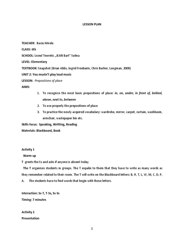 0 Lesson Plan Prepositions of Place | PDF