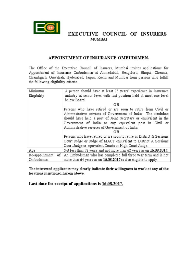 Executive Council of Insurers: Appointment of Insurance Ombudsmen | PDF ...