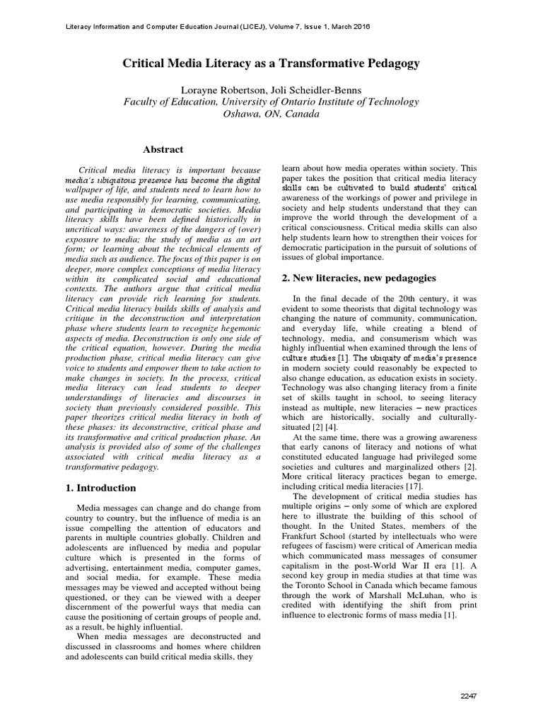 Critical Media Literacy As A Transformative Pedagogy | PDF | Mass Media ...