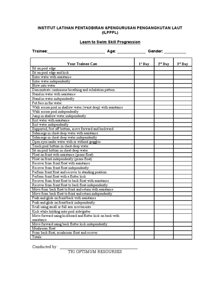 Swim Skill Progression Checklist | PDF | Athletic Sports | Water Sports
