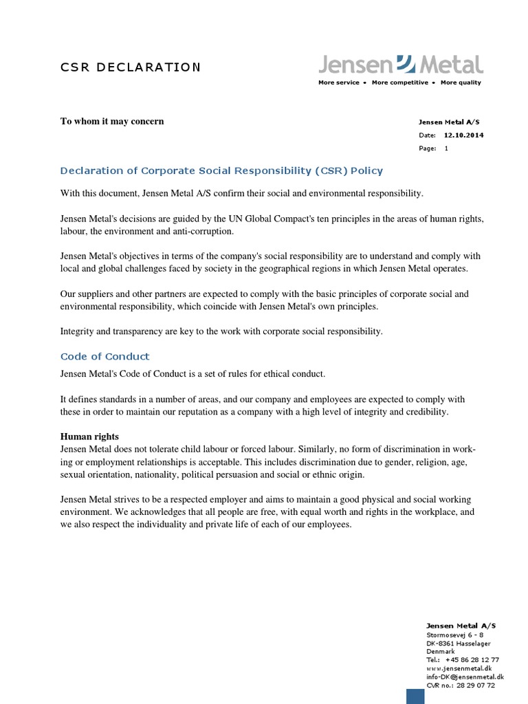 JMD Declaration CSR UK | PDF | Corporate Social Responsibility | Employment