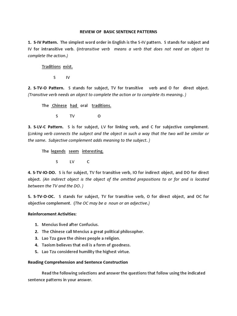 Reading Comprehension and Sentence Construction | PDF | Verb | Object ...