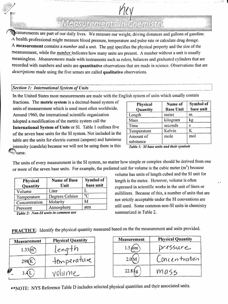 Measurements in Chemistry Key | PDF