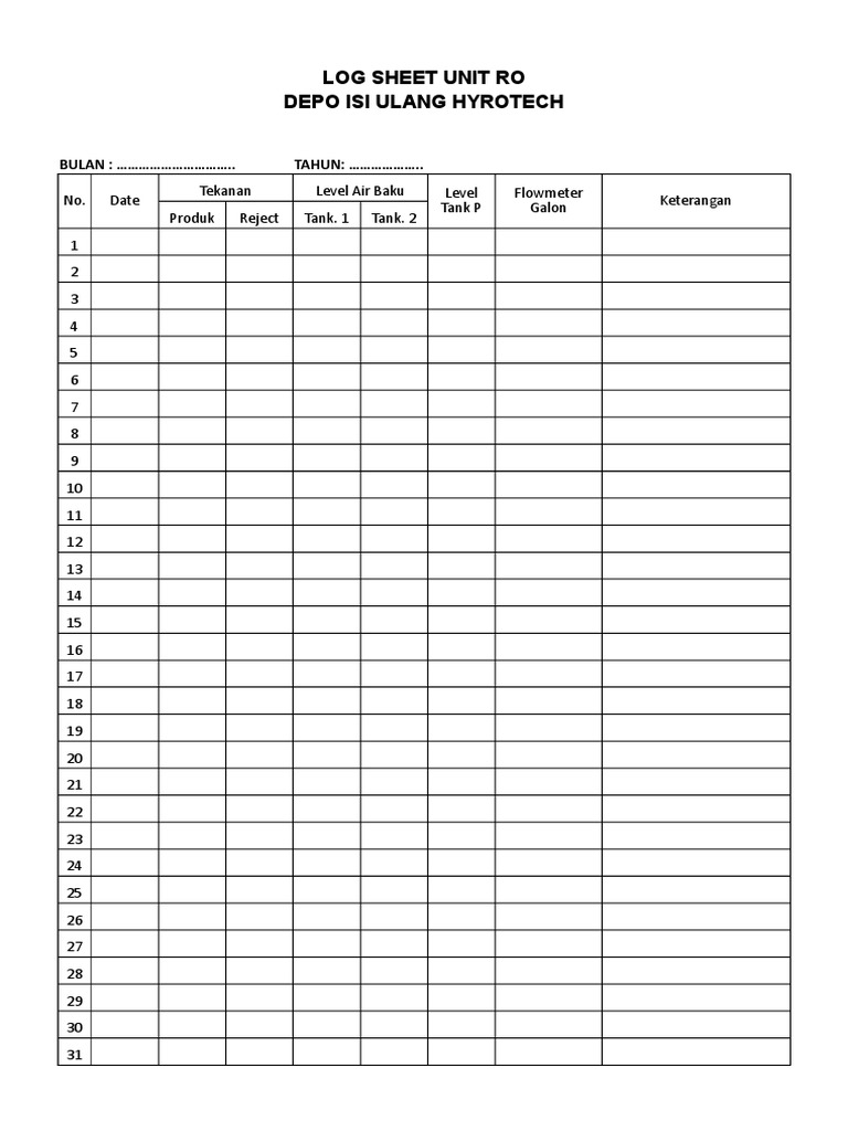 Log Sheet Unit Ro Depo Isi Ulang Hyrotech | PDF