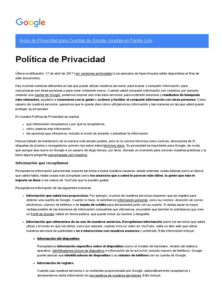 Google Privacy Policy Es-419 PDF | PDF | Cookie HTTP | Gmail