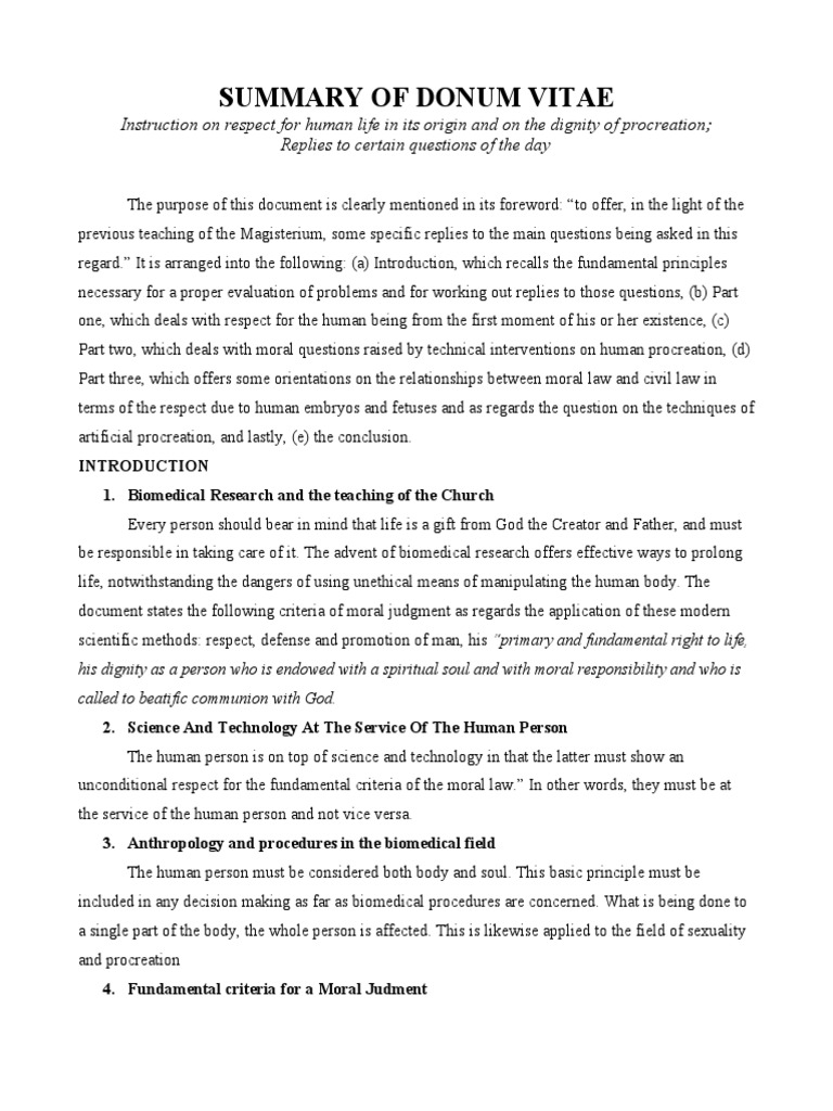 Summary of Donum Vitae Principles | PDF | Dignity | Marriage