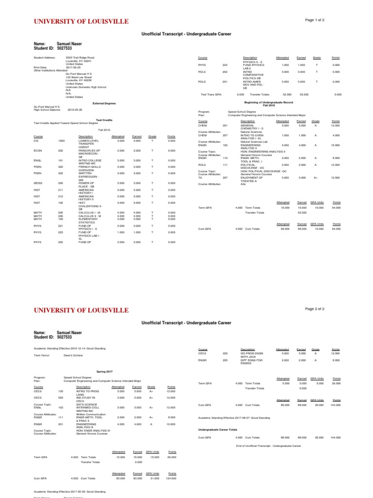 Sam Naser Unofficial Transcript | PDF | Academia | Learning