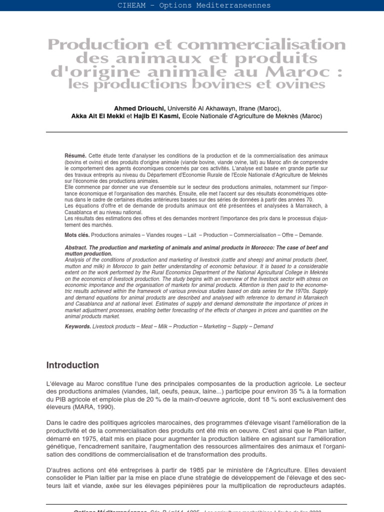 Production Et Commercialisation Des Animaux Et Produits D'origine Animale Au Maroc - Les ...