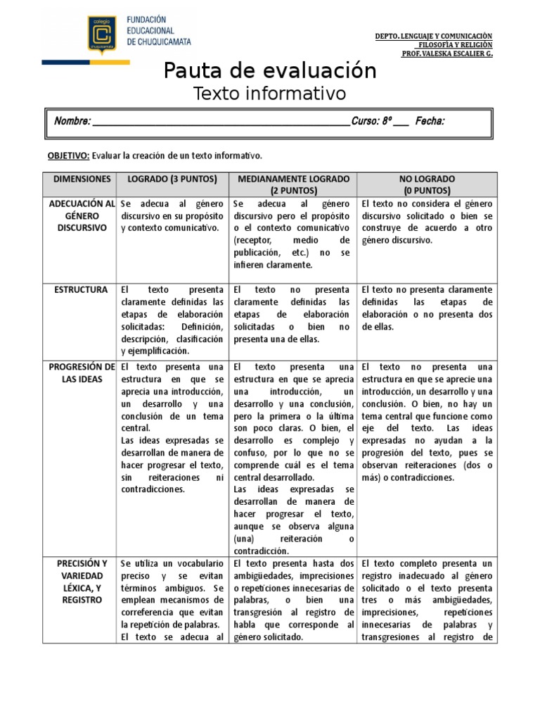 Rúbrica: Texto Informativo e Infografía | PDF | Ortografía | Archivo de ...