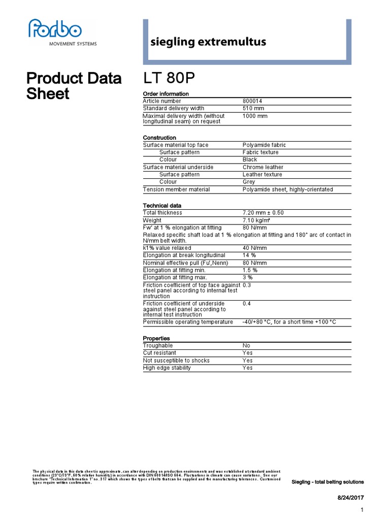 Product Data Sheet LT 80P: Siegling - Total Belting Solutions | PDF ...