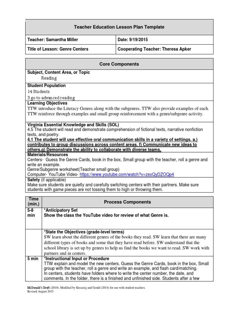 Teacher Education Lesson Plan Template | PDF | Genre | Lesson Plan