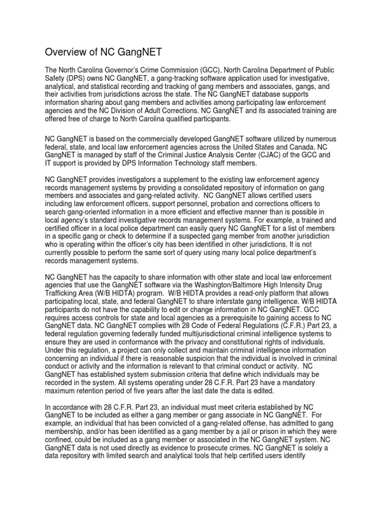 Overview of NC GangNET | PDF | Gang | Law Enforcement Agency
