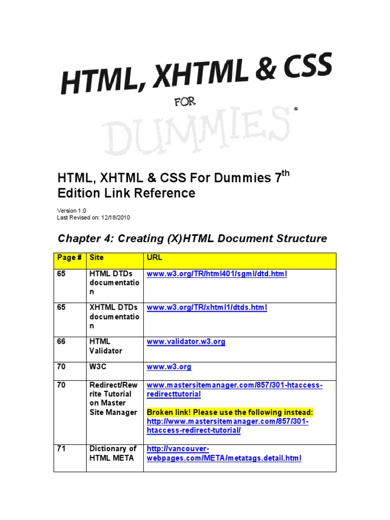 Html Xhtml And Css For Dummies 7 Edition Link Reference Chapter 4