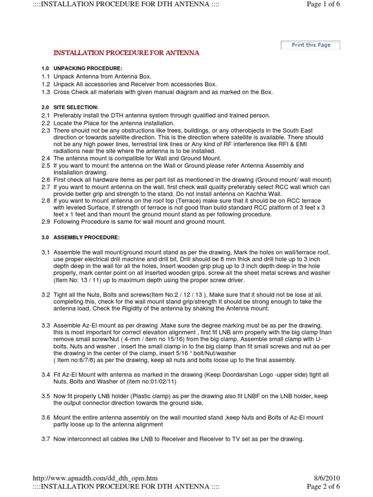 DTH Installation Procedure | PDF | Nut (Hardware) | Satellite Television