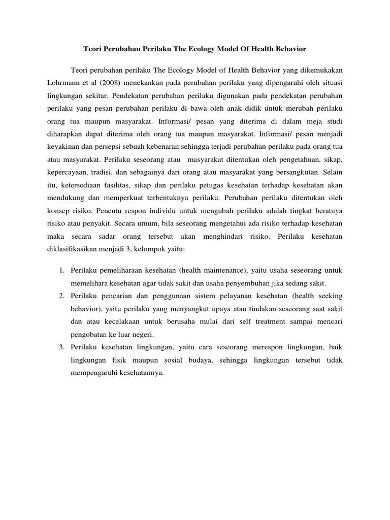 Teori Perubahan Perilaku The Ecology Model of Health Behavior | PDF