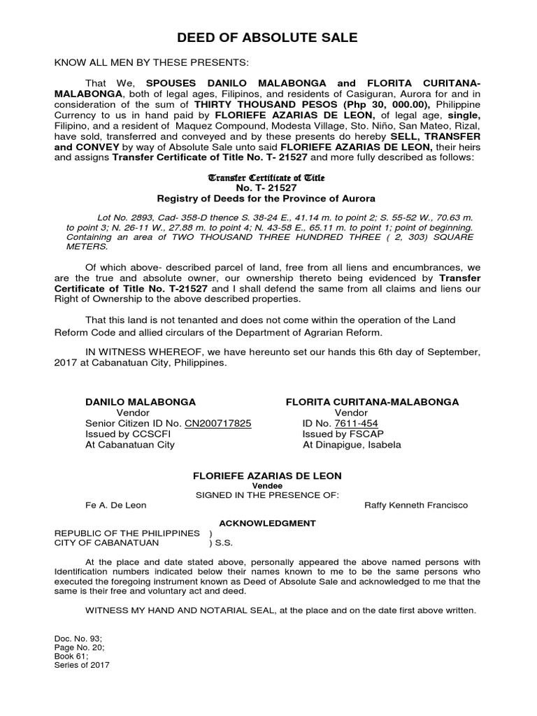Sample Deed of Absolute Sale | Download Free PDF | Deed | Real Property Law