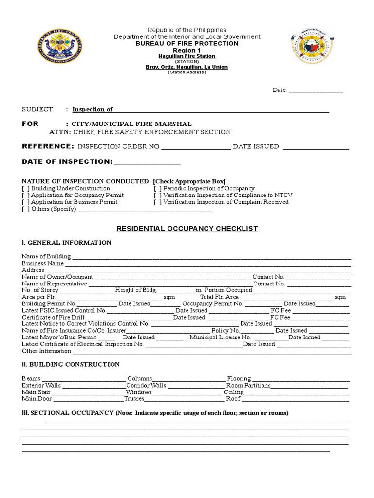 Residential Occupancy Inspection Checklist | PDF | Door | Fire ...
