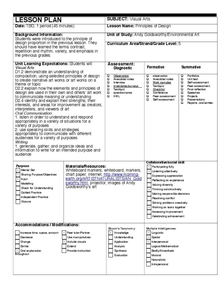 Lesson Plan: Visual Arts | PDF | Educational Assessment | Lesson Plan