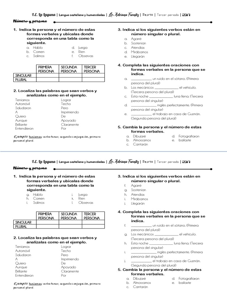 Verbo. Número y Persona | PDF | Plural | Verbo