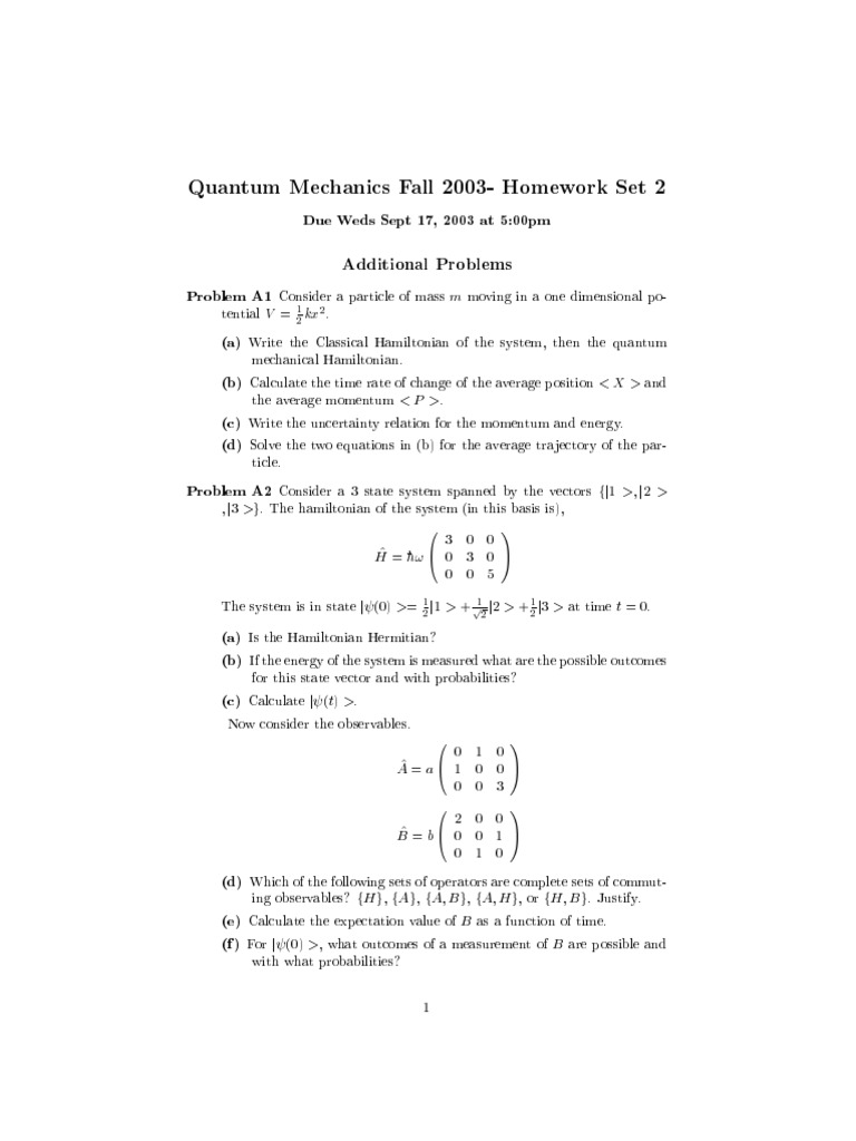 Quantum Mechanics Homework Set 2 Problems | PDF | Hamiltonian (Quantum ...