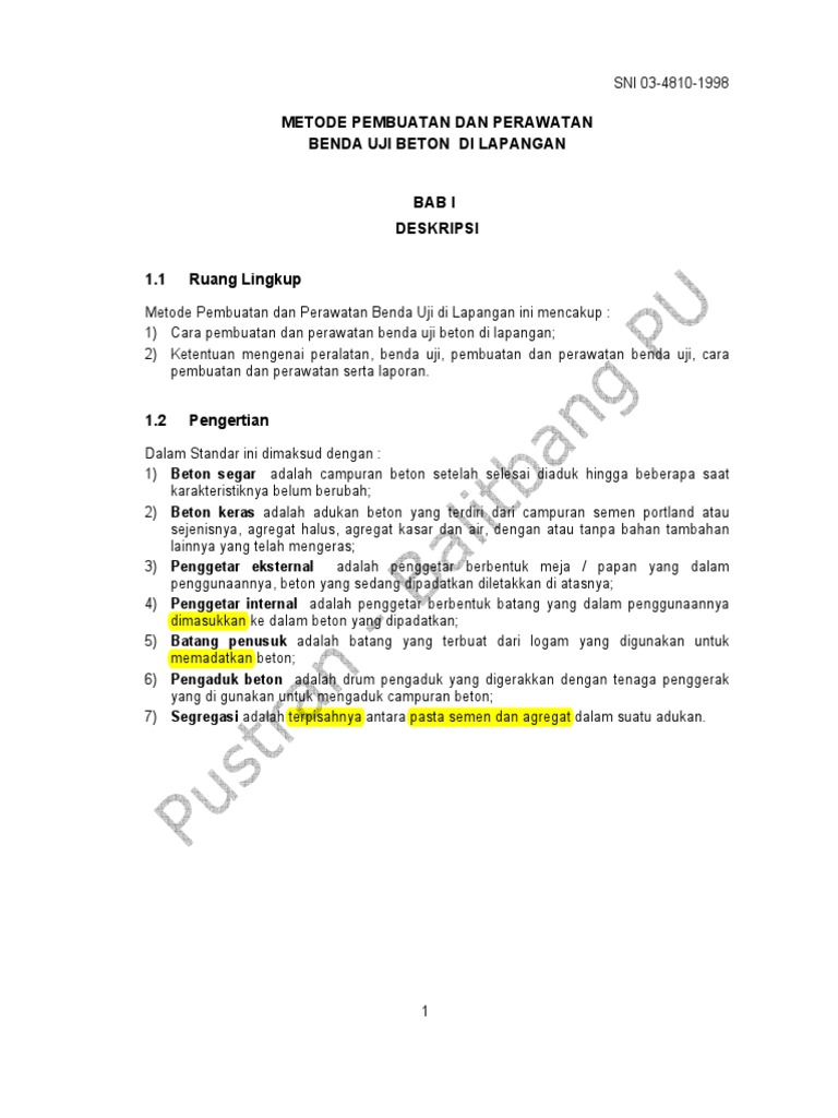 (Beton) SNI 03-4810-1998 Metode Pembuatan Dan Perawatan BENDA UJI BETON Di Lapangan | PDF