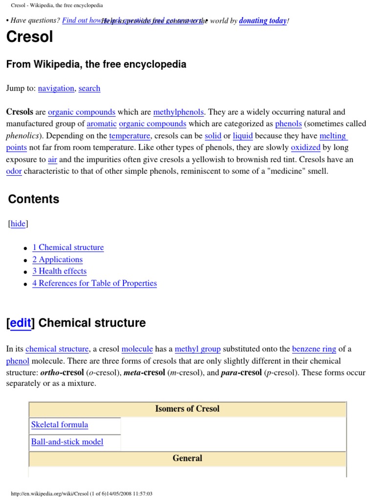 Cresol: From Wikipedia, The Free Encyclopedia | PDF | Chemical ...