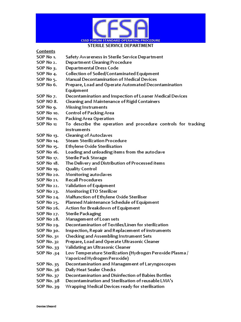 CSSD Standard Operating Procedures | PDF | Sterilization (Microbiology ...