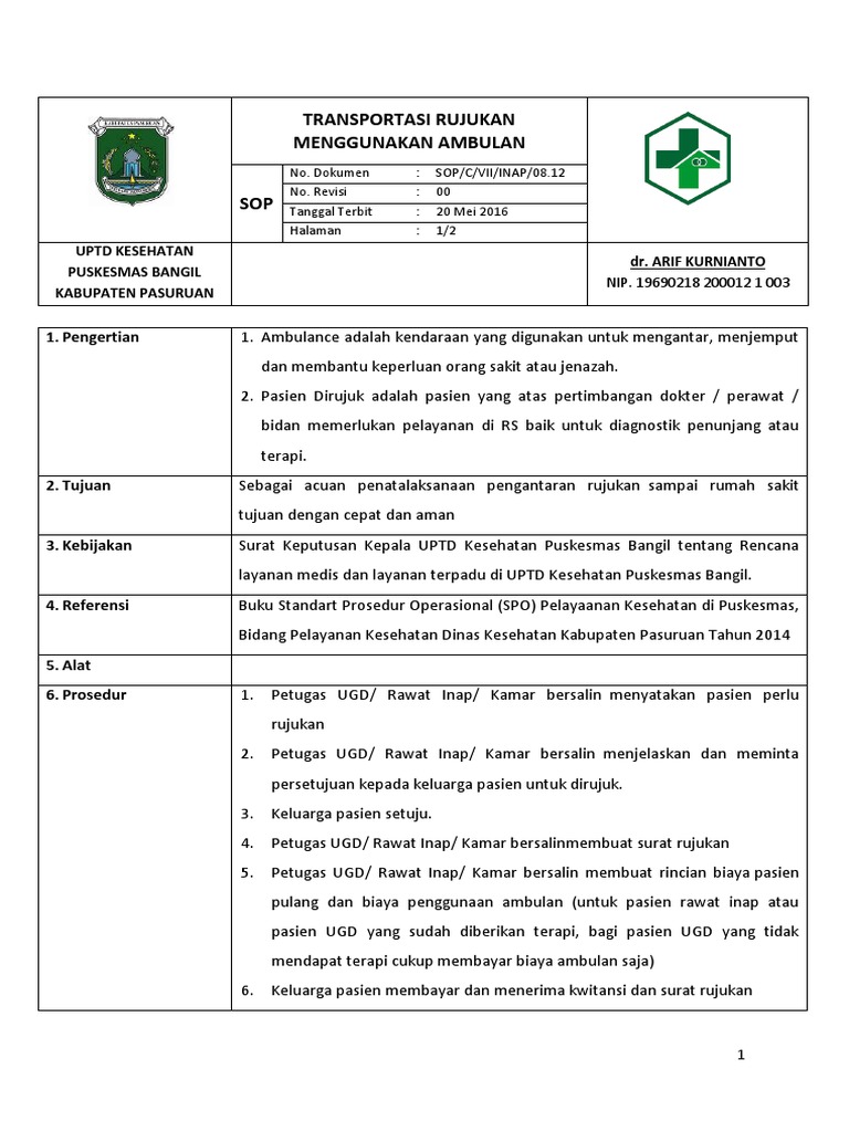 S. SOP Transportasi Rujukan Menggunakan Ambulance | PDF