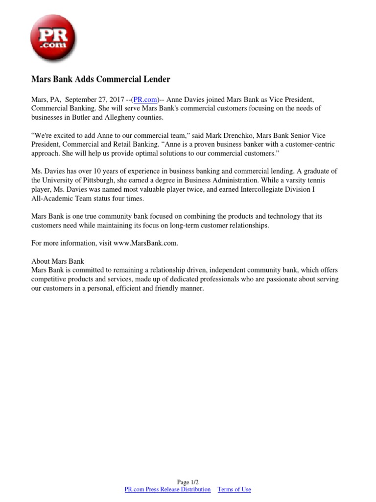 Mars Bank Adds Commercial Lender | PDF | Banking | Banks