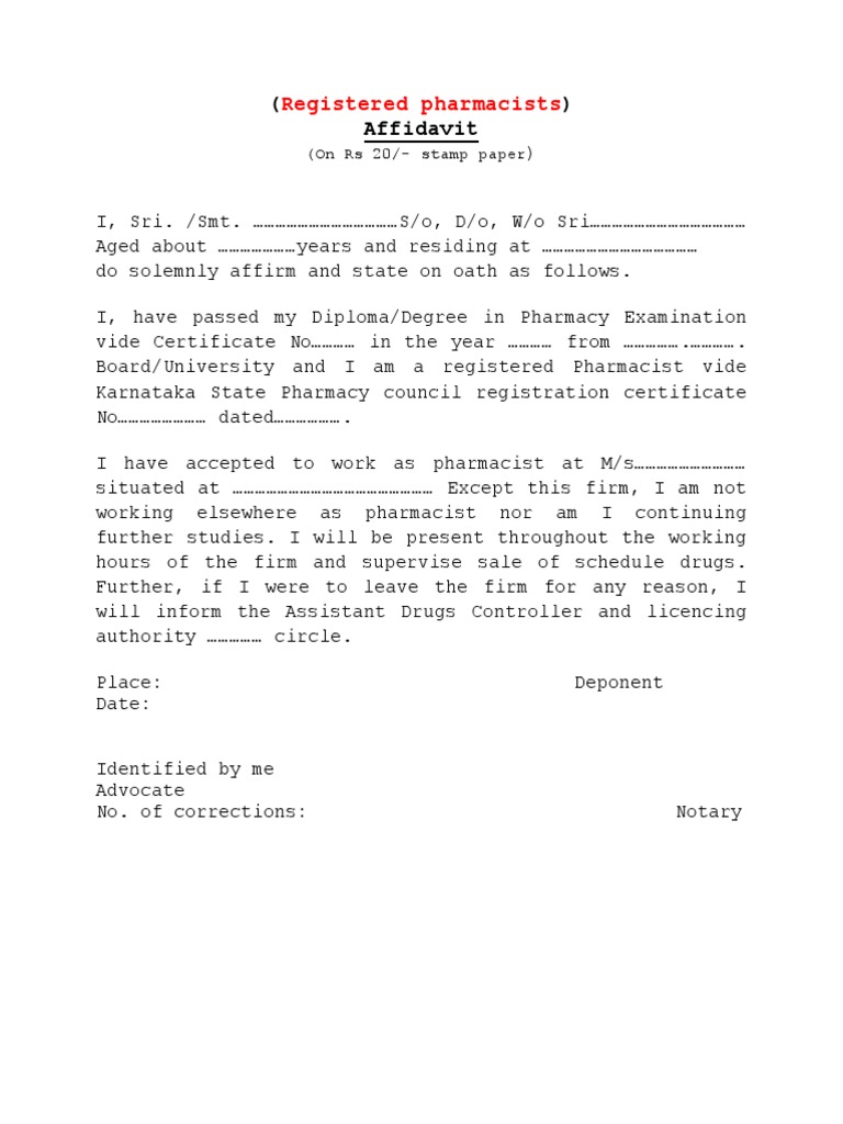 AFFIDAVIT Registered Pharmacist Karnataka PDF | PDF | Pharmacist ...