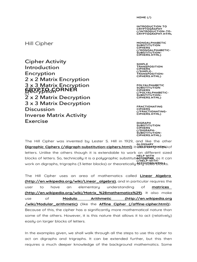 Hill Cipher - HTML | PDF | Cipher | Cryptography