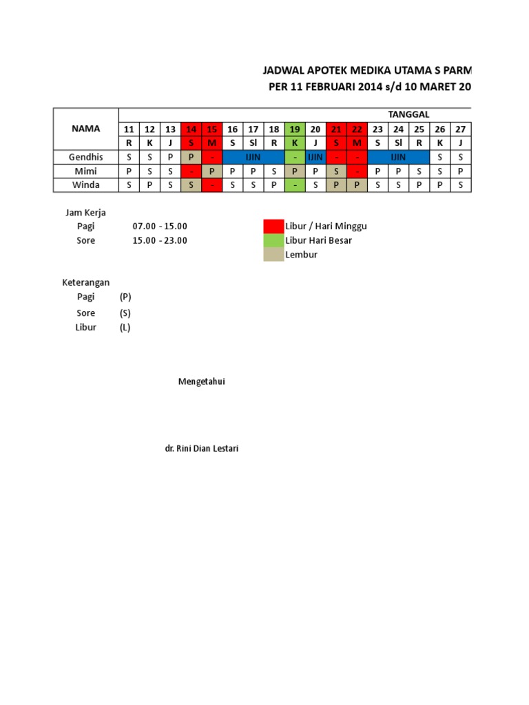 Jadwal Kerja Apotek Medika Utama | PDF