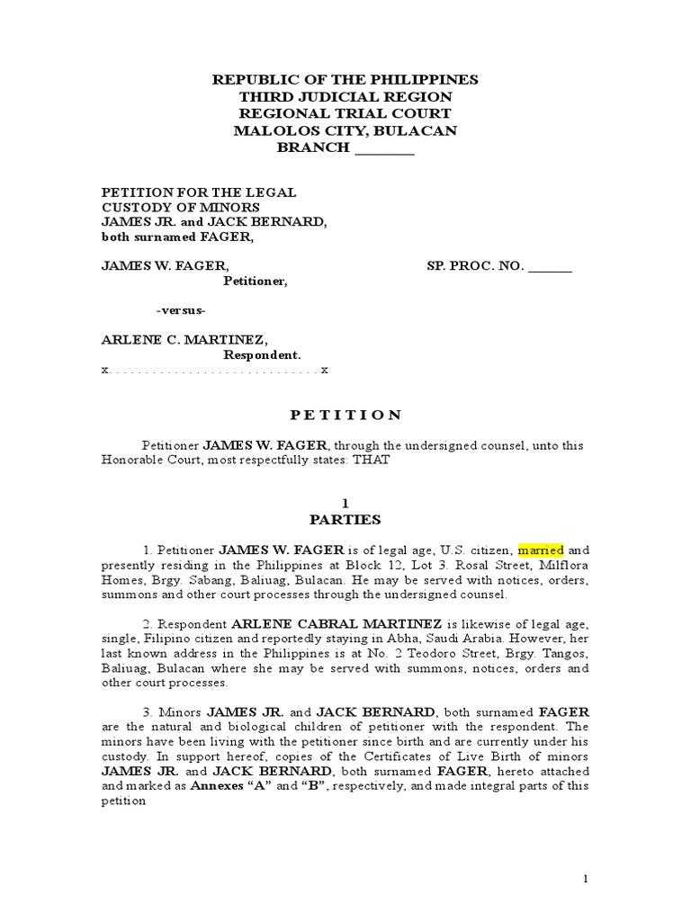 PETITION FOR CUSTODY - JAMES FAGER Rev1 | PDF | Child Custody | Prayer