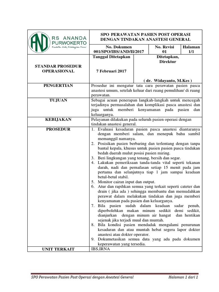 Sop Perawatan Pasien Post Operasi Dengan Anastesi General Fix | PDF