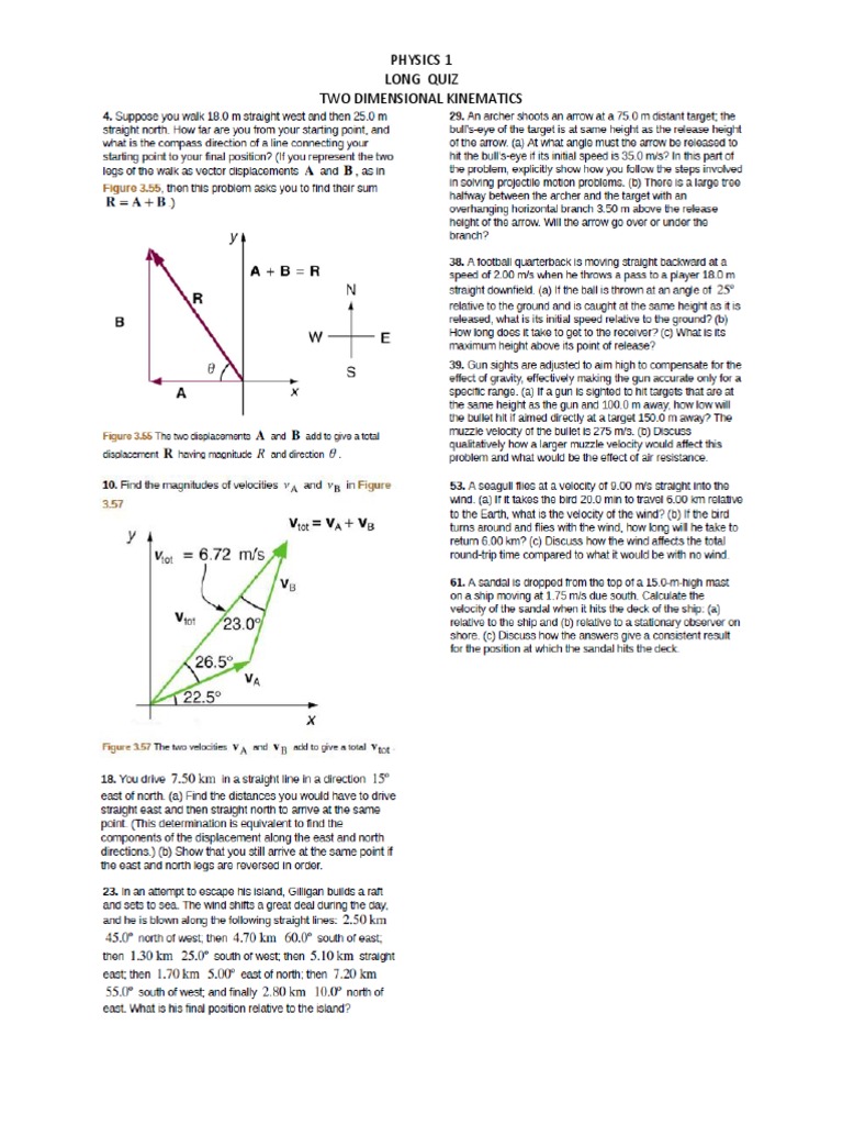 Physics 1 Long Quiz Two Dimensional Kinematics | PDF