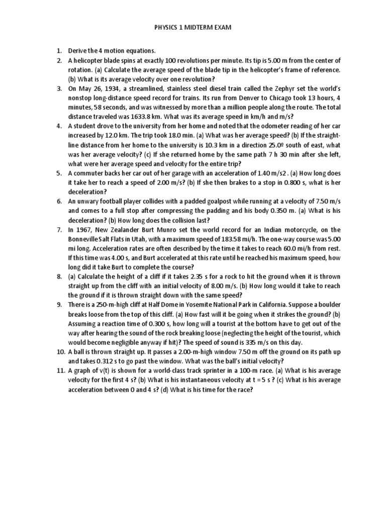 Midterm Exam Physics | PDF | Speed | Acceleration