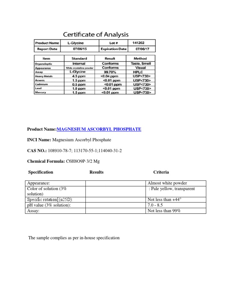 Product Name: INCI Name: Magnesium Ascorbyl Phosphate CAS NO.: 108910 ...